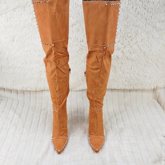 Pazzle | Shoes | Steph Camel Tan Suede Studded Chunky Heel Thigh High ...
